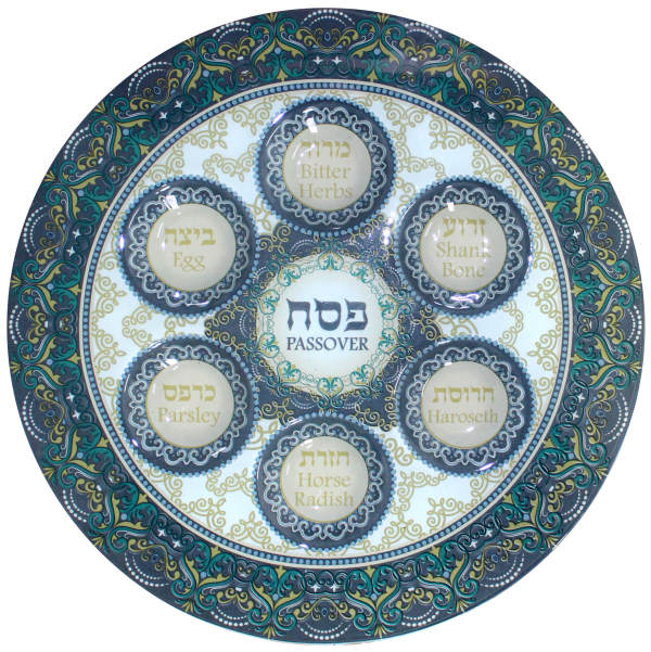 Sederteller für Pessach aus bunt bemaltem Glas in Grün- und Blautönen ...